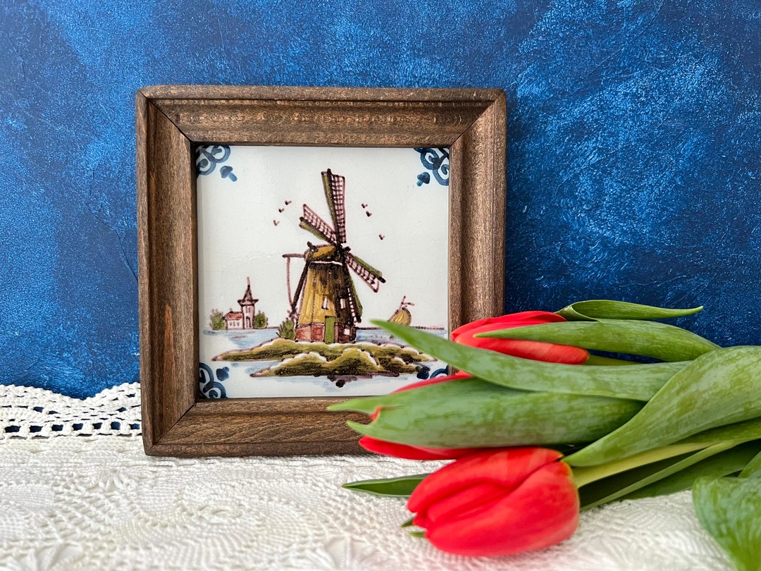 Antique Makkum Tichelaar Tile With Iconic Dutch Windmill / Dutch Landscape With Windmill ...