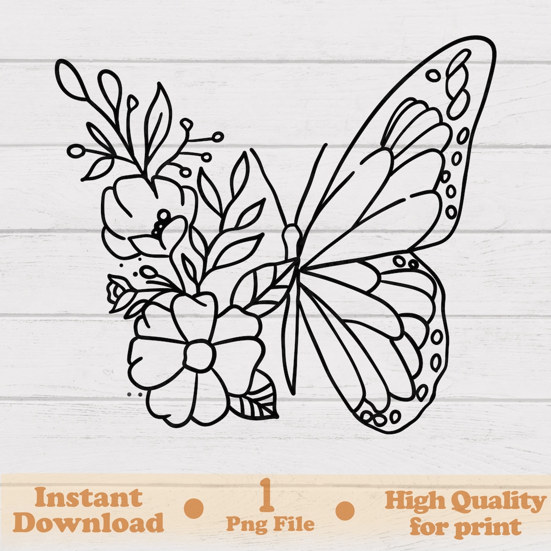Floral Butterfly Png, Line Art, Ready to Print, Hand Drawn, INSTANT ...