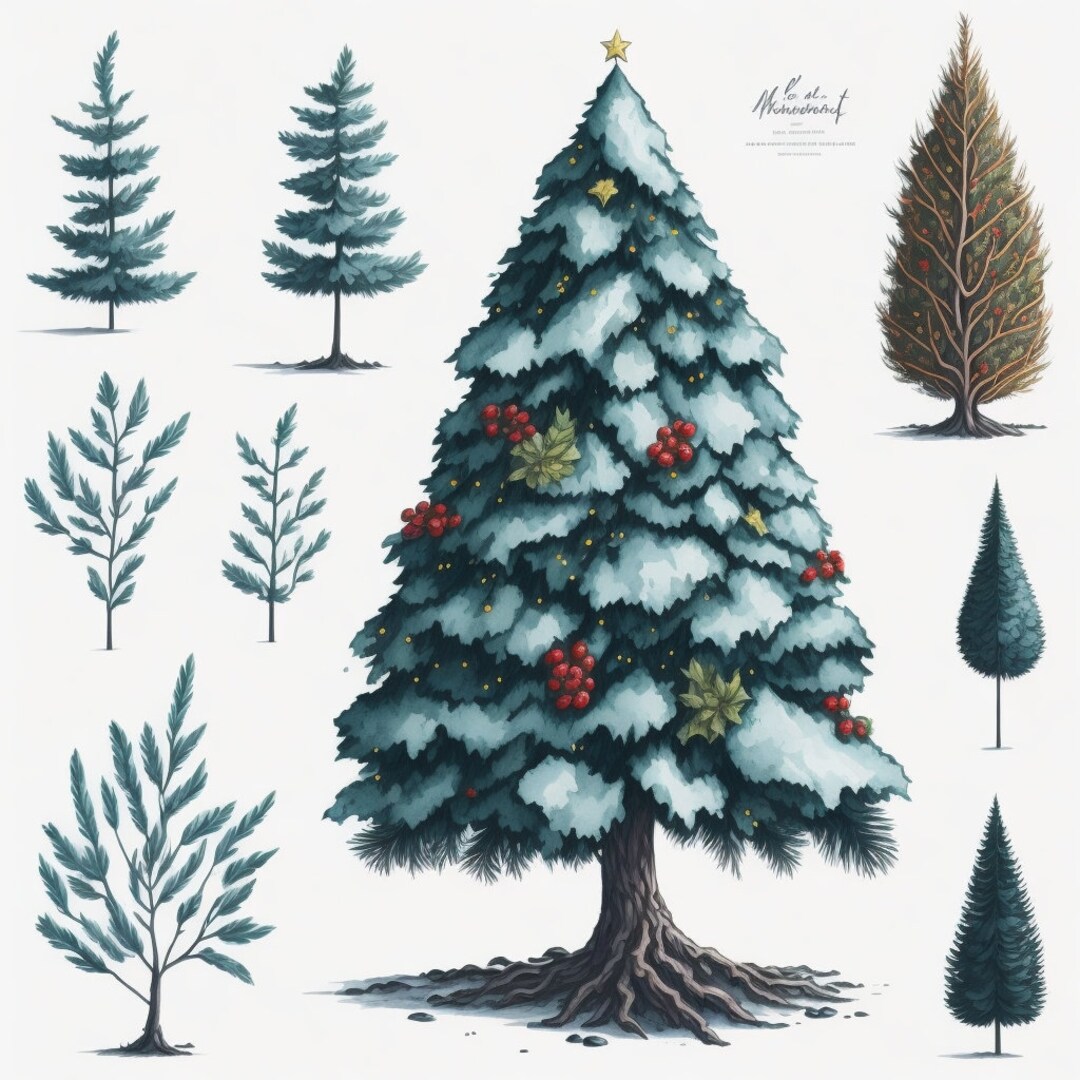 Festive Christmas Tree Clipart Set Holiday Decorations, Xmas Ornaments ...
