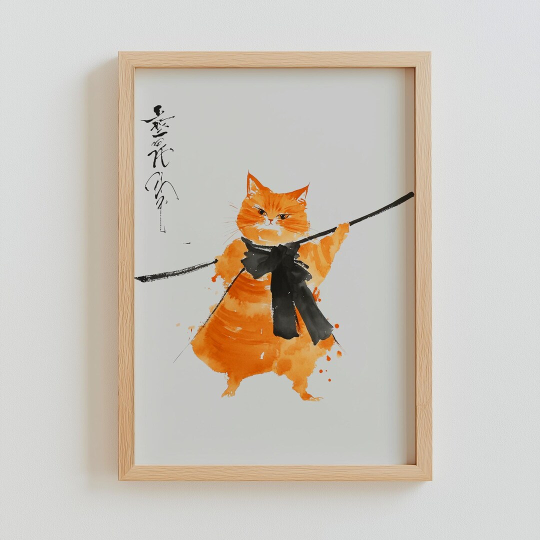 Samurai-inspired Orange Cat Poster - Minimalist Watercolor Wall Art ...
