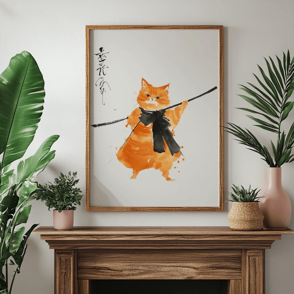 Samurai-inspired Orange Cat Poster Minimalist Watercolor Wall Art ...