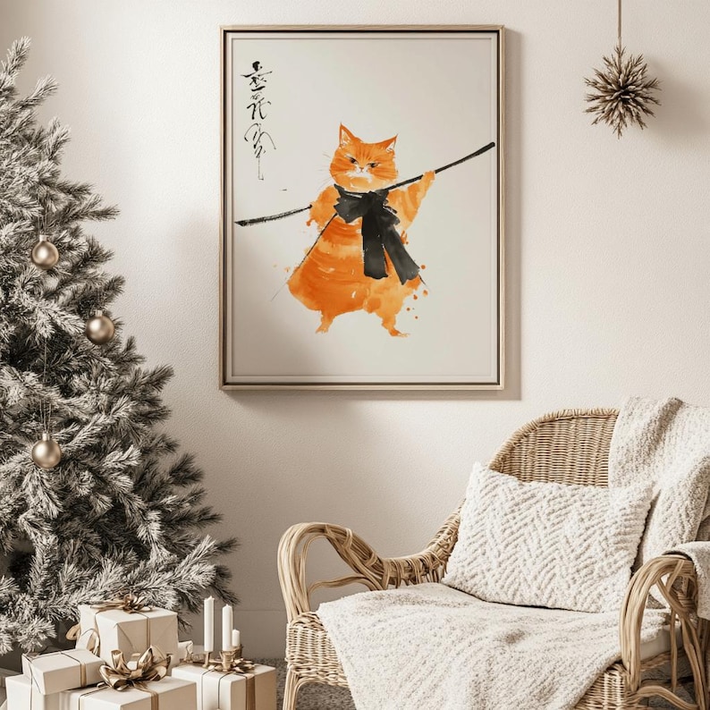 Samurai-inspired Orange Cat Poster Minimalist Watercolor Wall Art ...
