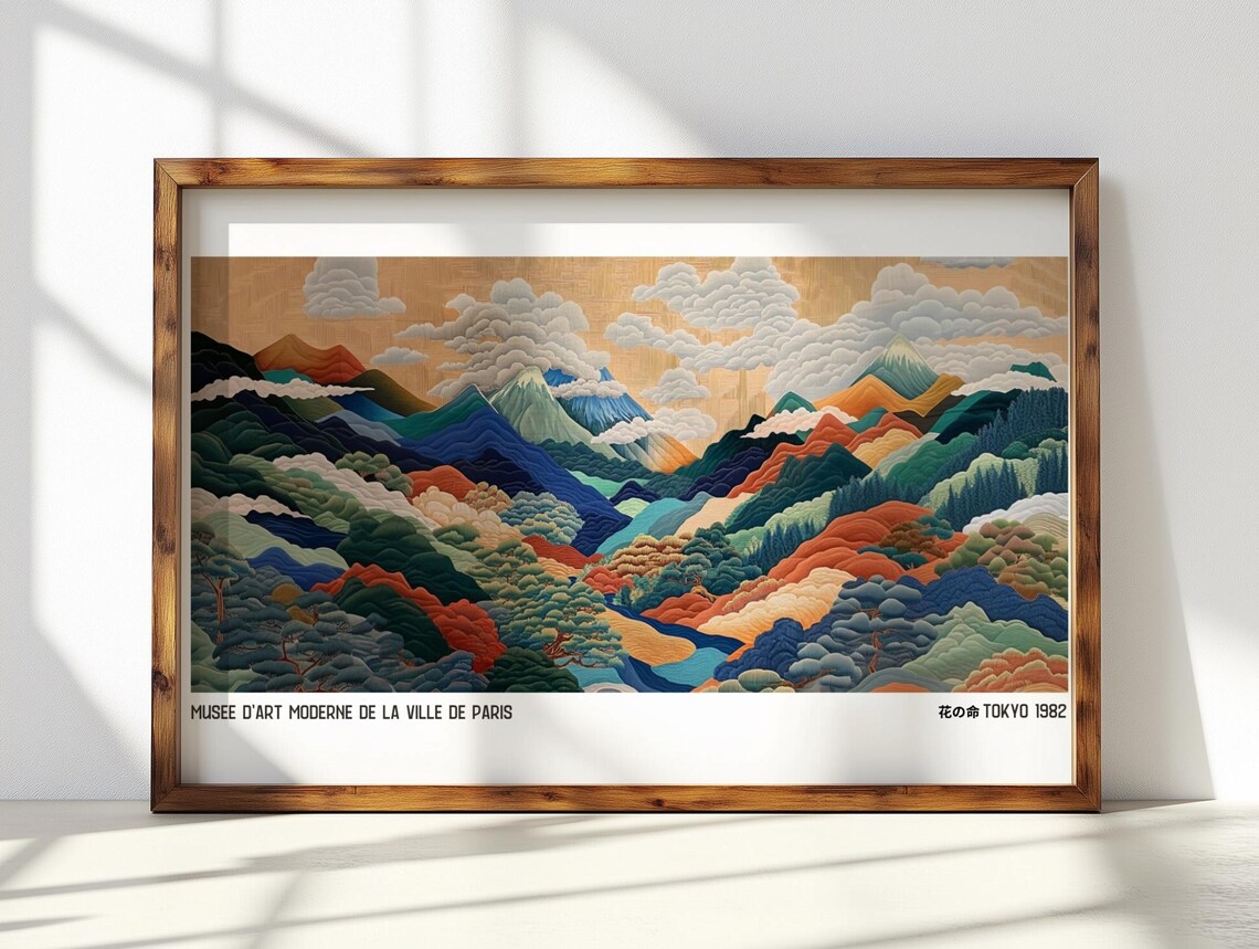 Japanese Mountainscape Art Print Poster: Abstract Polka Dot Landscape ...