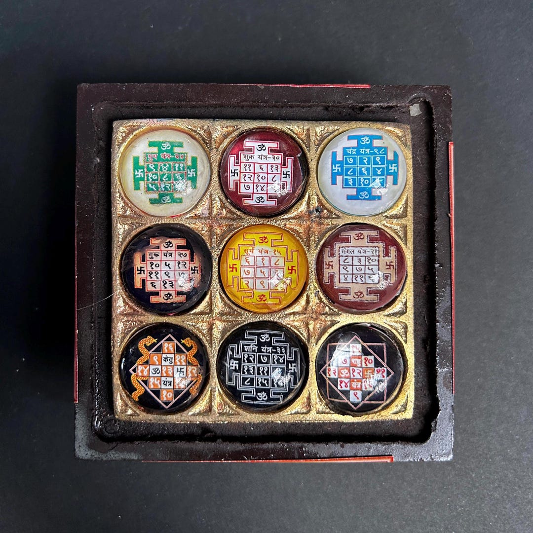 Navagraha Crystal Yantra on Wooden Chowki | Nine Planet Healing Stone ...