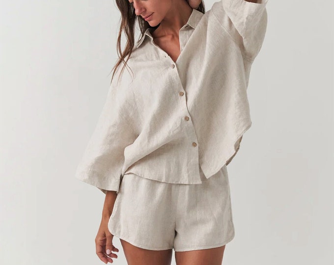 Linen PAJAMA SET for Woman, Linen Shirt and Linen Shorts, Linen ...