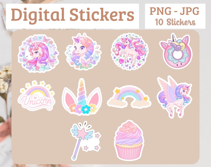 Cute Unicorn Cut Digital Sticker, Files JPG and PNG Printable, 10 ...