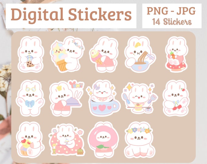 Cute Kawaii Bunny Cut Digital Sticker, Files JPG and PNG Printable, 14 ...