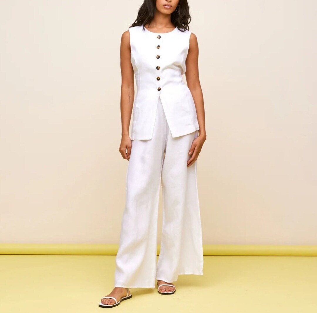 Linen Formal Vest Waistcoat, Set Linen Vest and Wide Pants for Woman ...