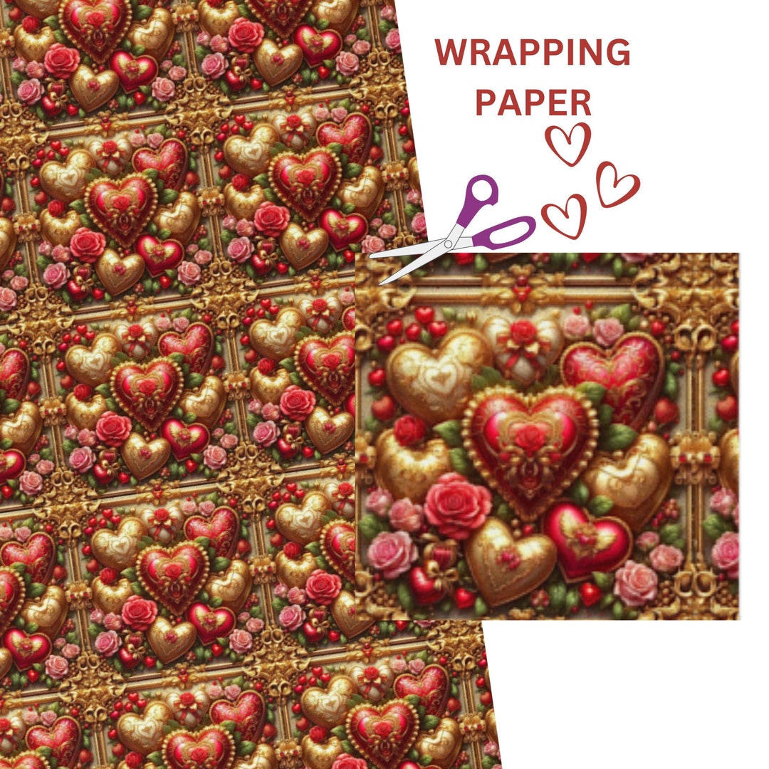 Hearts and Roses Gold Wrapping Paper, Golden Hearts and Roses Gift Wrap ...