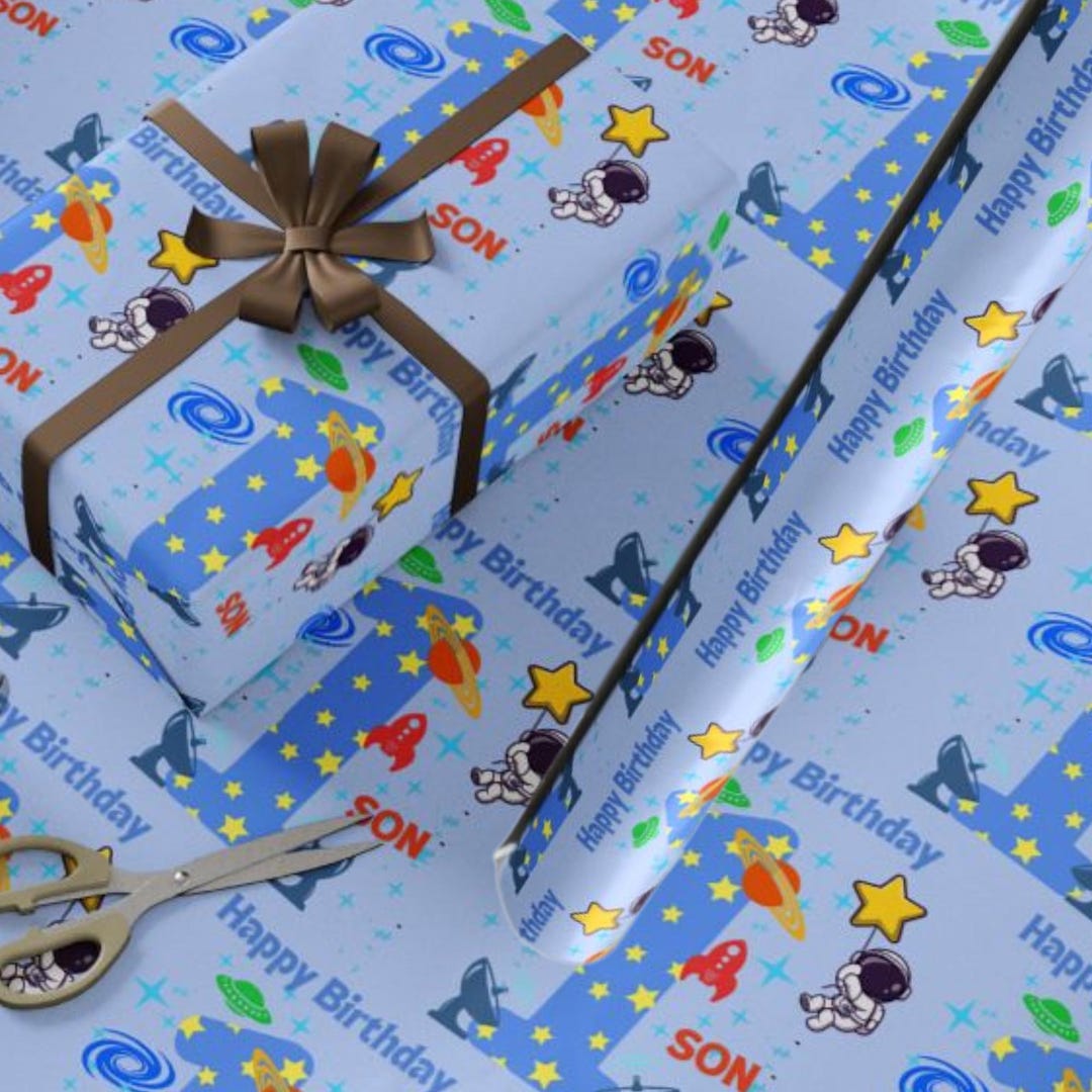 Son 1st Birthday Wrapping Paper Rocket Ship Gift Wrap Blue Happy First ...