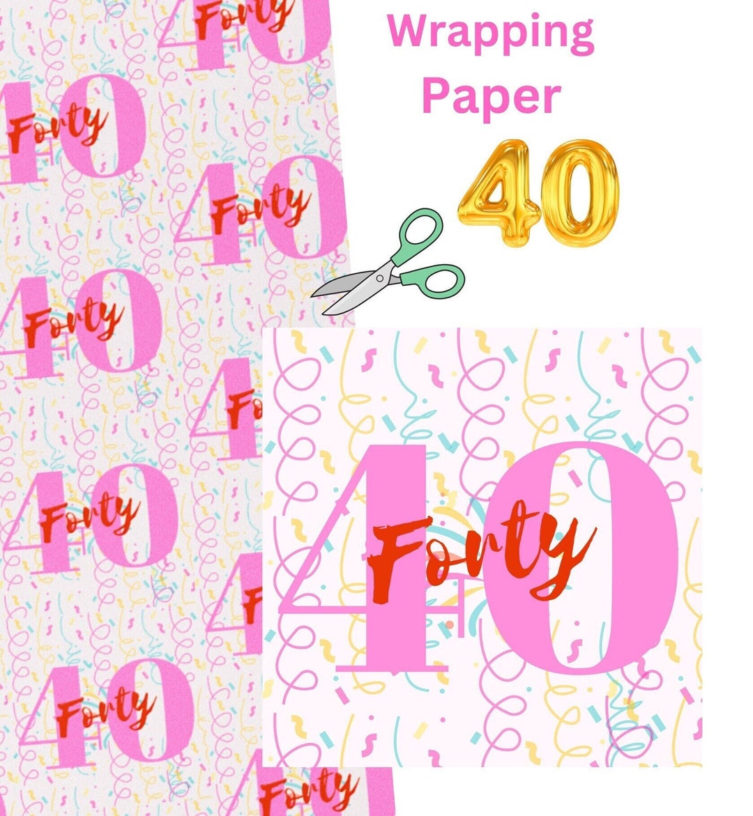 40th Birthday Wrapping Paper, 40th Gift Wrap, Number 40th Pink Wrapping ...