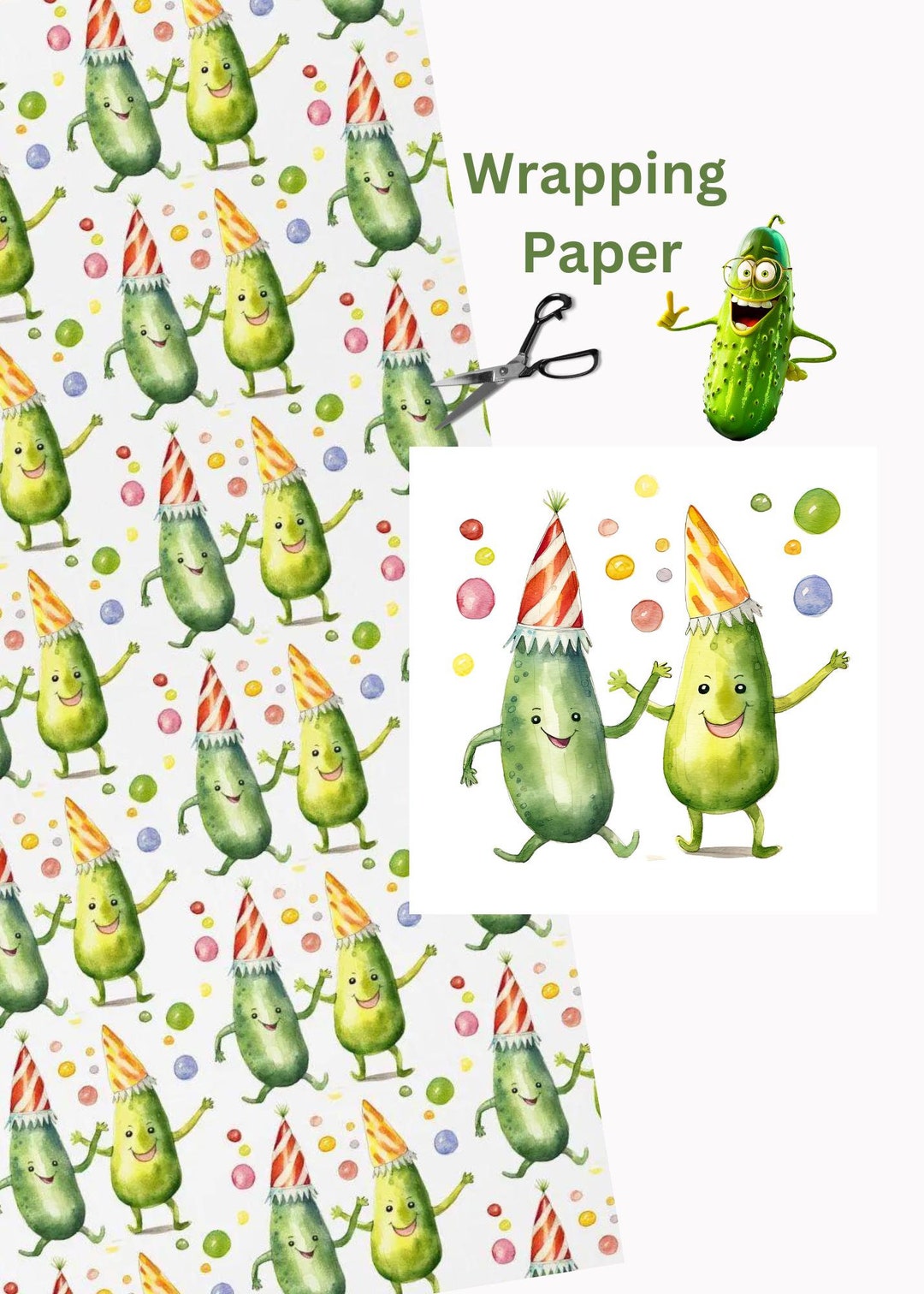 Pickles With Party Hats Birthday Wrapping Paper Happy Birthday Pickles ...