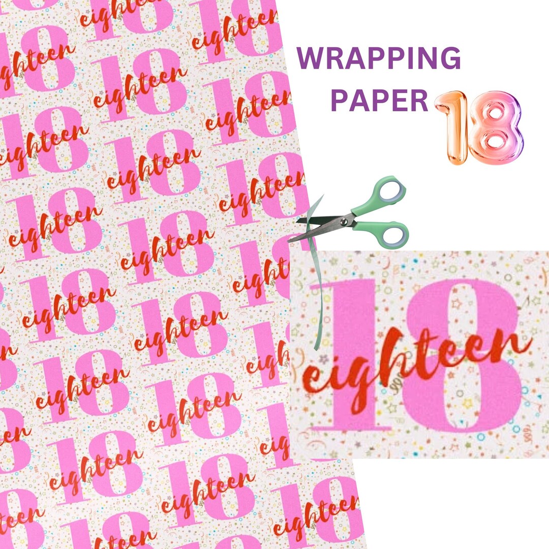 18th Birthday Wrapping Paper, Eighteen in Cursive Pink Birthday Gift ...