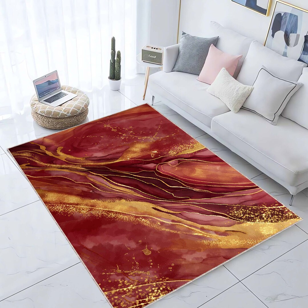 Watercolor Patterned Burgundy Gold Rug, Golden Rug, Trendy Rug, Gold ...