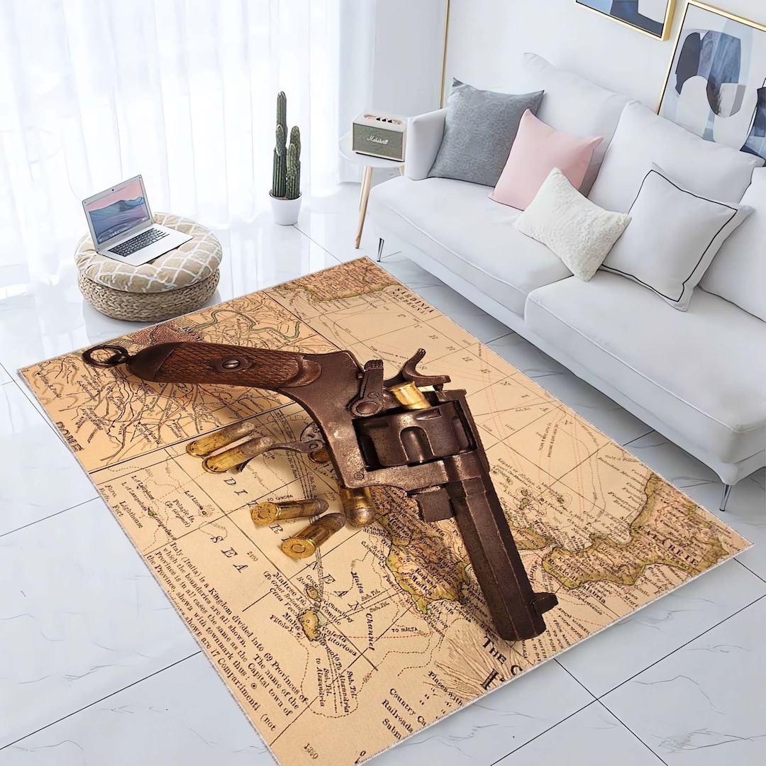 Weapons Map Rug, Revolver Rug, Retro Revolver Carpet, Gun Decor Rug ...