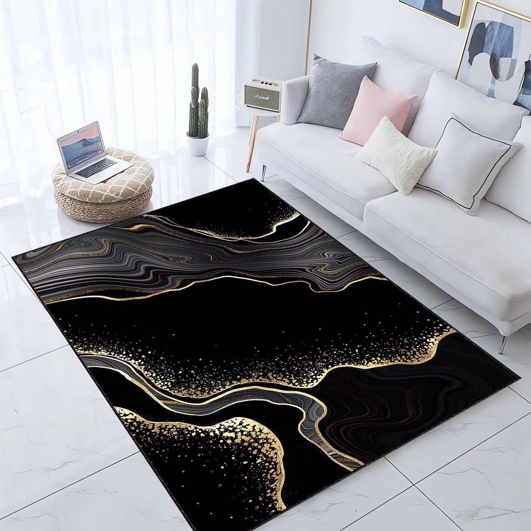 Marble Black Brown and Gold Rug, Marble Rug, Living Room Pattern Rug ...