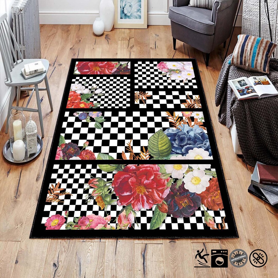 Check Area Rug Black Floral Carpet Traditional Anti Slip Rug Daisy ...