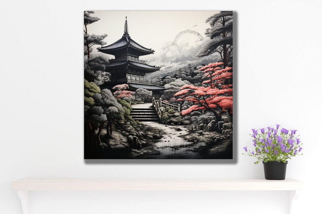 Japanese Temple Wall Art in Scratchboard Art Style Stunning Art Work ...