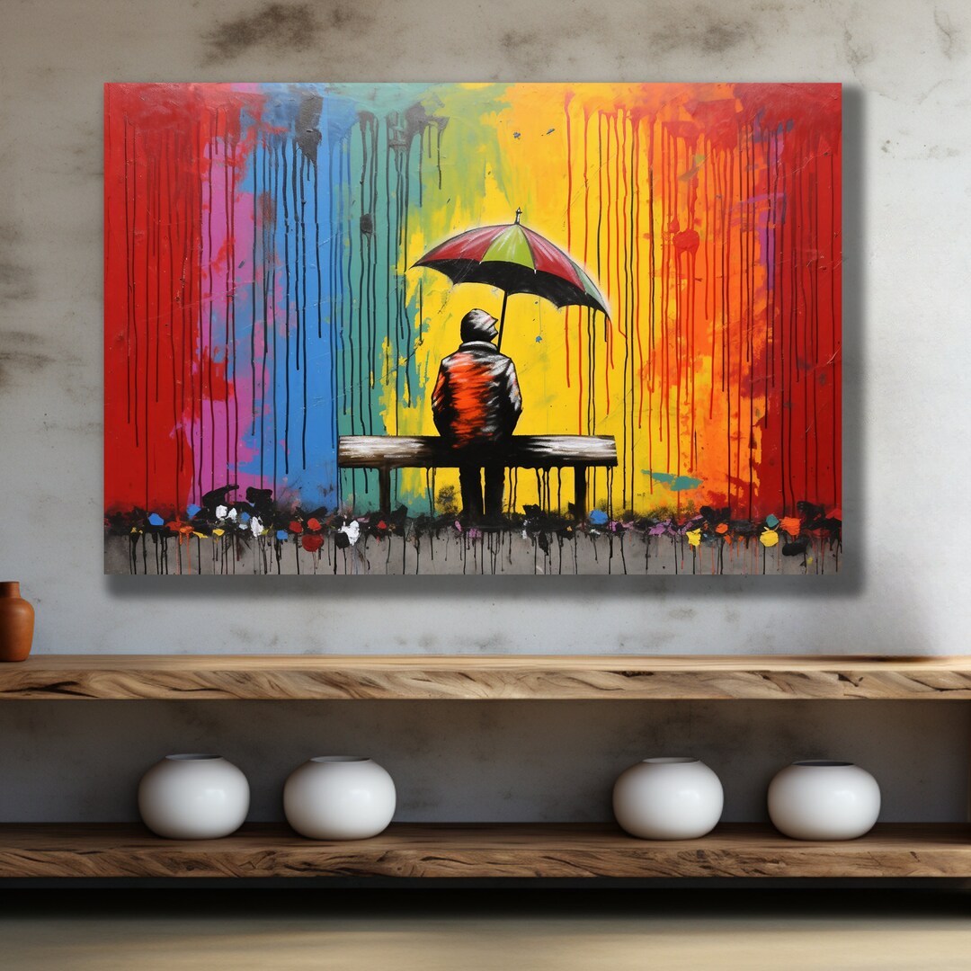 Banksy Style Wall Art of Colorful Rain Enigmatic Street Art - Etsy
