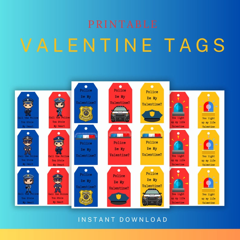 Police Valentine Tag, Printable Valentine Tag, Police Valentine, Kid's ...