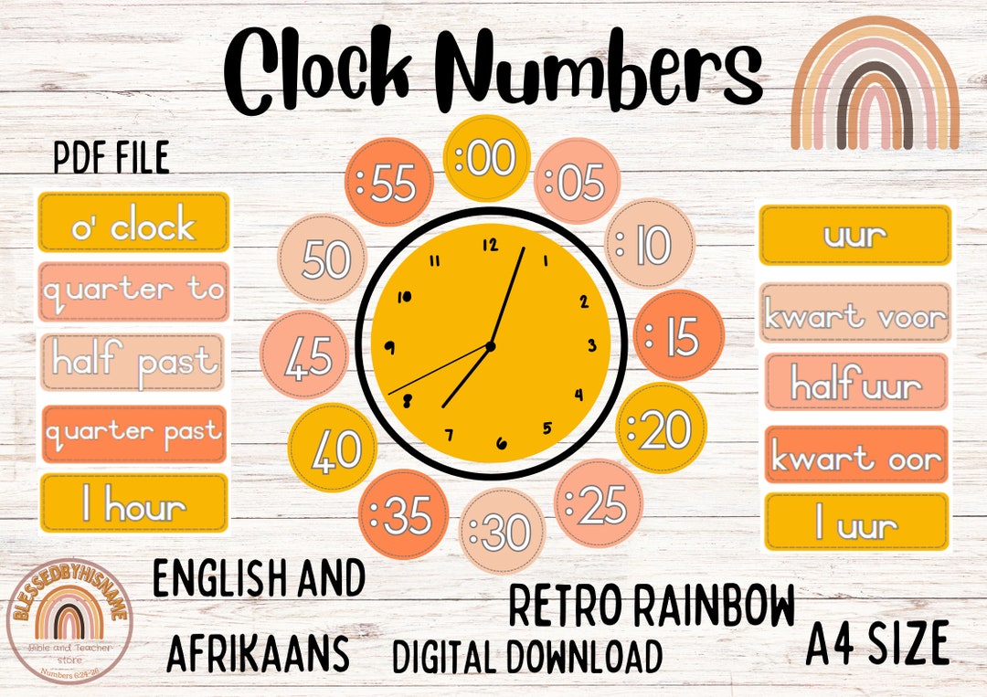 Clock Numbers / Clock Labels / Spotty Retro Theme / Retro Rainbow ...