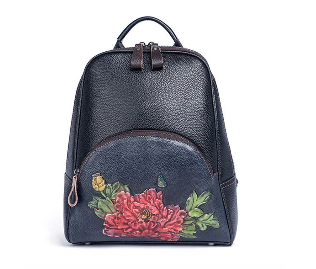 Floral Embossed Leather Backpack/women Everyday Bag/women Book - Etsy