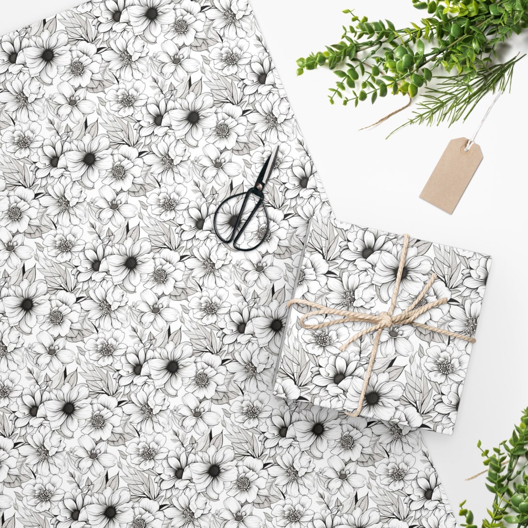 Black and White Floral Design Wrapping Paper, Wedding, Anniversary ...