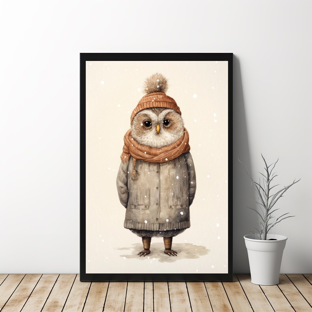 1990s Cozy Owl Illustration in Wool Sweater Nordic Style Winter Art ...