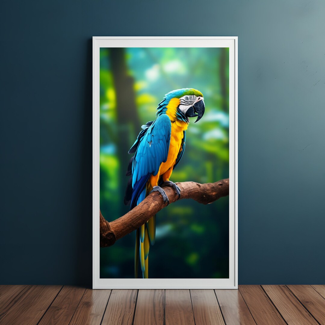 Blue Macaw Digital Art Vibrant Bird on Tree Branch, Amazon Jungle ...