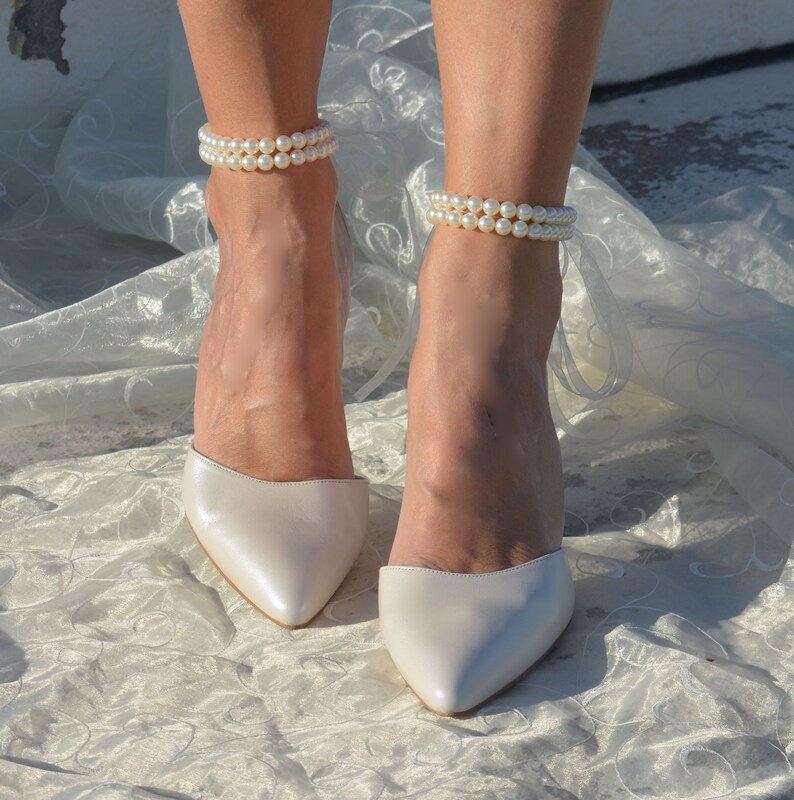 LEATHER Wedding Block Heels Pearl Ankle Strap Bridal Shoes Bridal Block ...