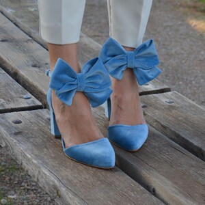 Baby Blue Velvet Bow Heels • Velvet Bow Heels • Light Blue Wedding ...