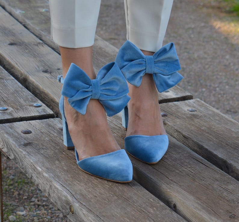 Baby Blue Velvet Bow Heels • Velvet Bow Heels • Light Blue Wedding ...