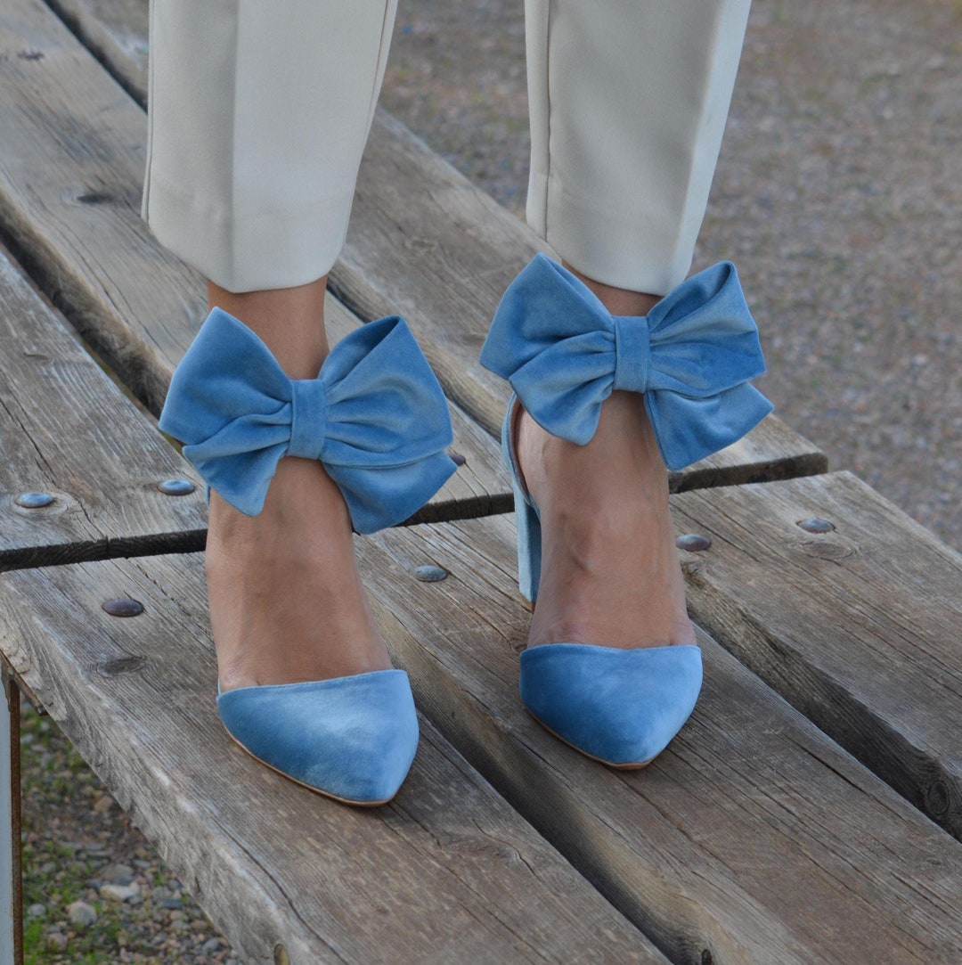 Baby Blue Velvet Bow Heels • Velvet Bow Heels • Light Blue Wedding ...