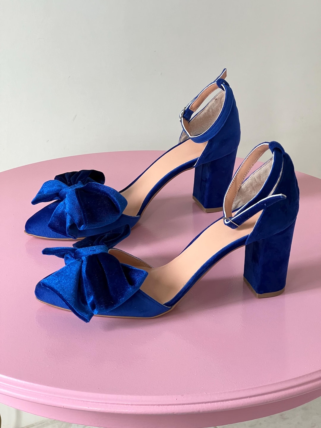 Blue Velvet Bow Heels - Royal Blue Velvet Block Heels - Blue Wedding ...