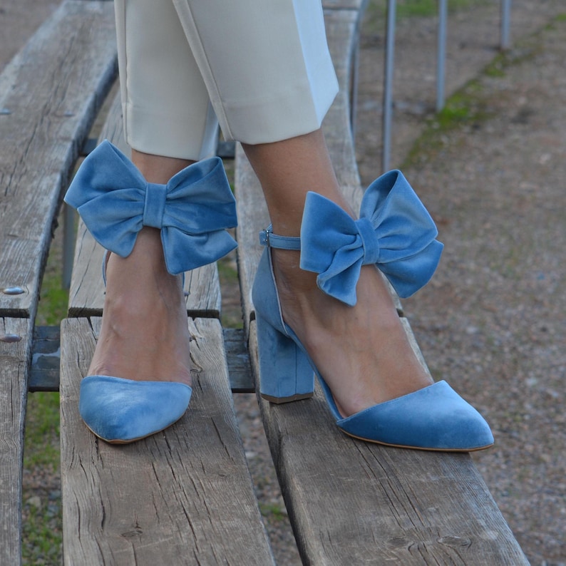 Baby Blue Velvet Bow Heels • Velvet Bow Heels • Light Blue Wedding ...
