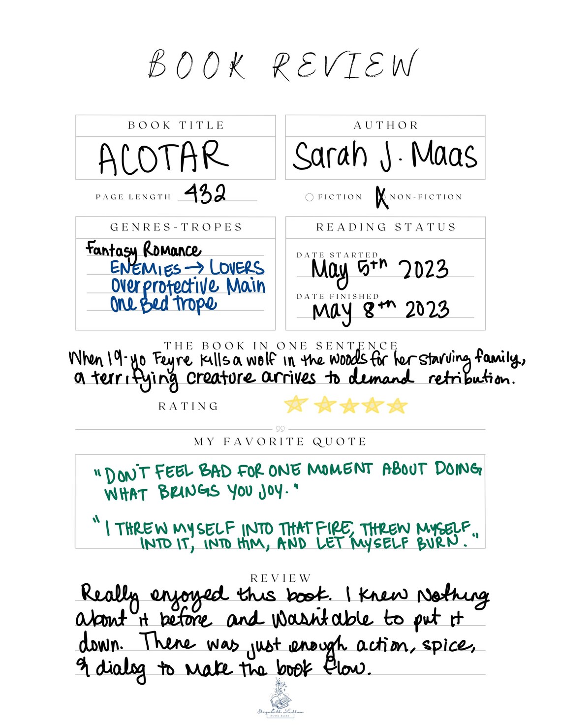 Printable Blank Book Review Template for Notability & Goodnotes - PDF ...