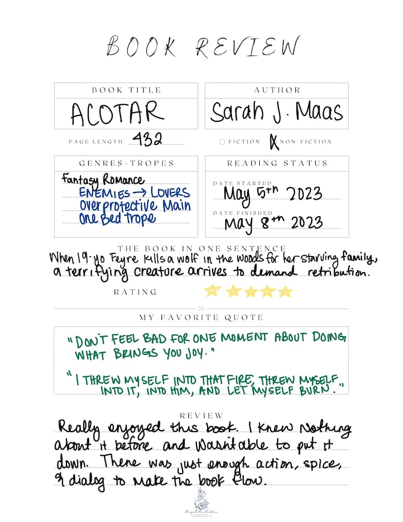 Printable Blank Book Review Template for Notability & Goodnotes - PDF ...