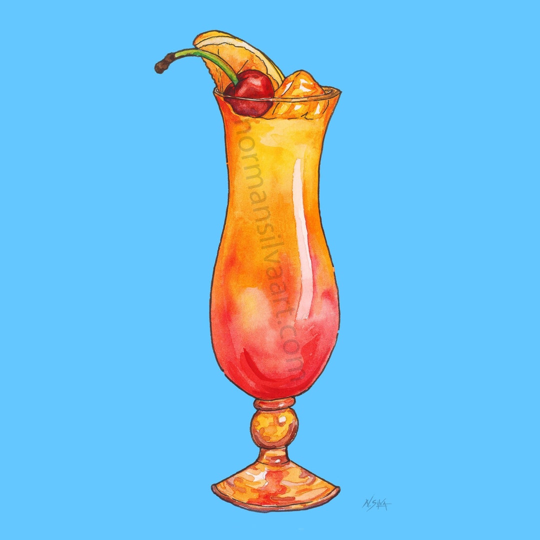 Rum Runner Cocktail FREE SHIPPING Tropical Drink Watercolor Painting ...