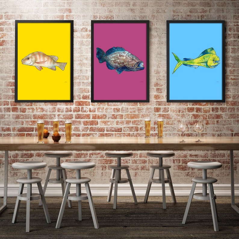 Grouper Fishing Food Watercolor Painting Giclée Print Background Color ...