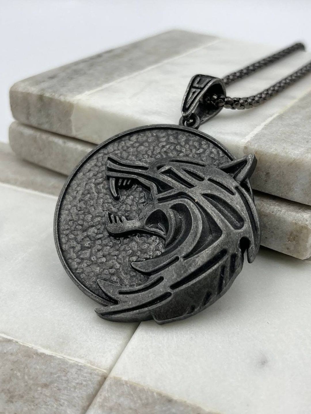 Monster Hunter Medallion, Silver Wolf Token, Fantasy Necklace, Witcher ...