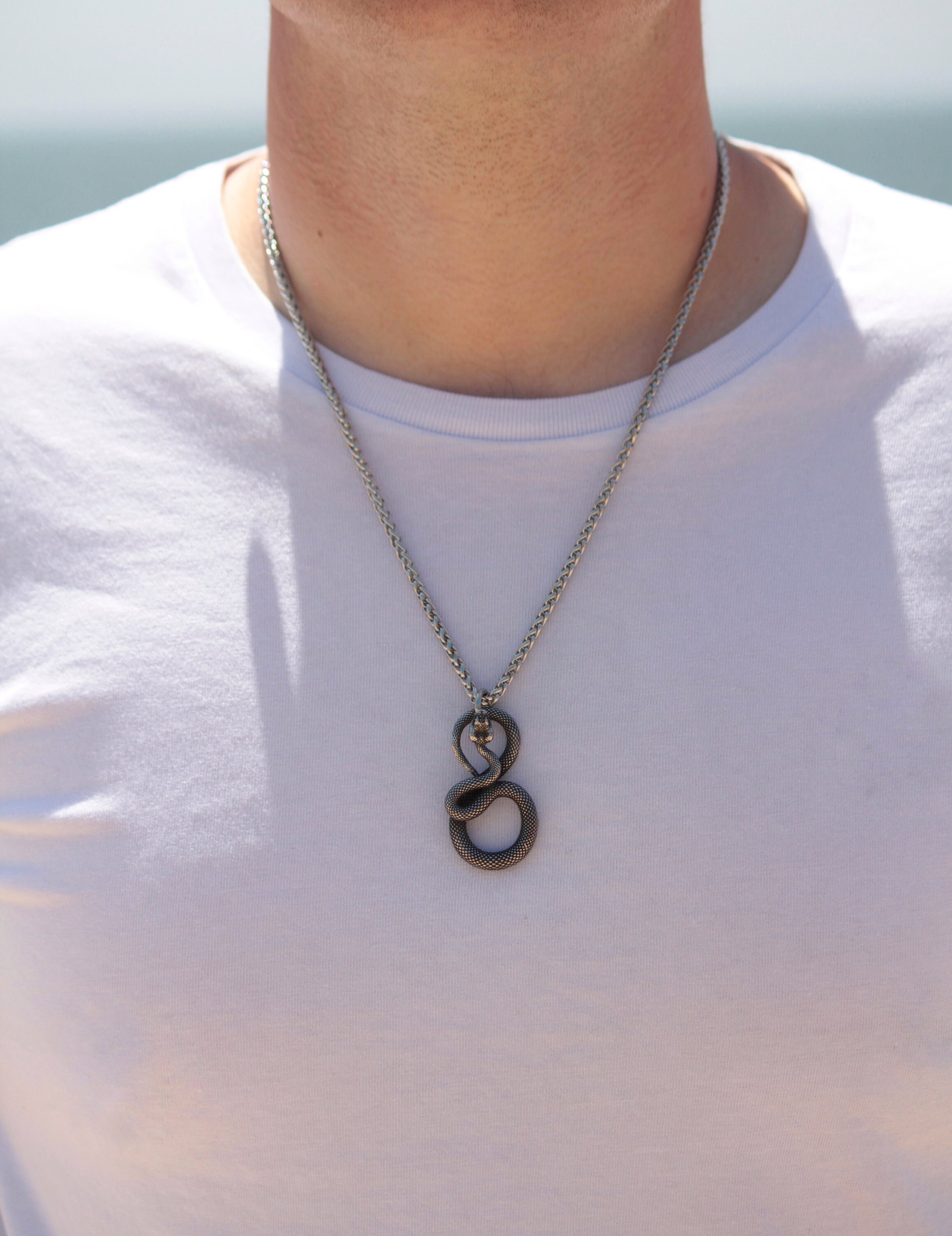 Snake Pendant, Silver Mens Necklace, Infinity Snake, Gift for Mens, Dad ...