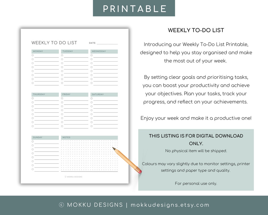 Weekly To-do-list Printable PDF Weekly Checklist Reminder Productivity ...