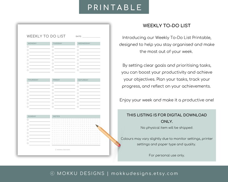 Weekly To-do-list Printable PDF Weekly Checklist Reminder Productivity ...