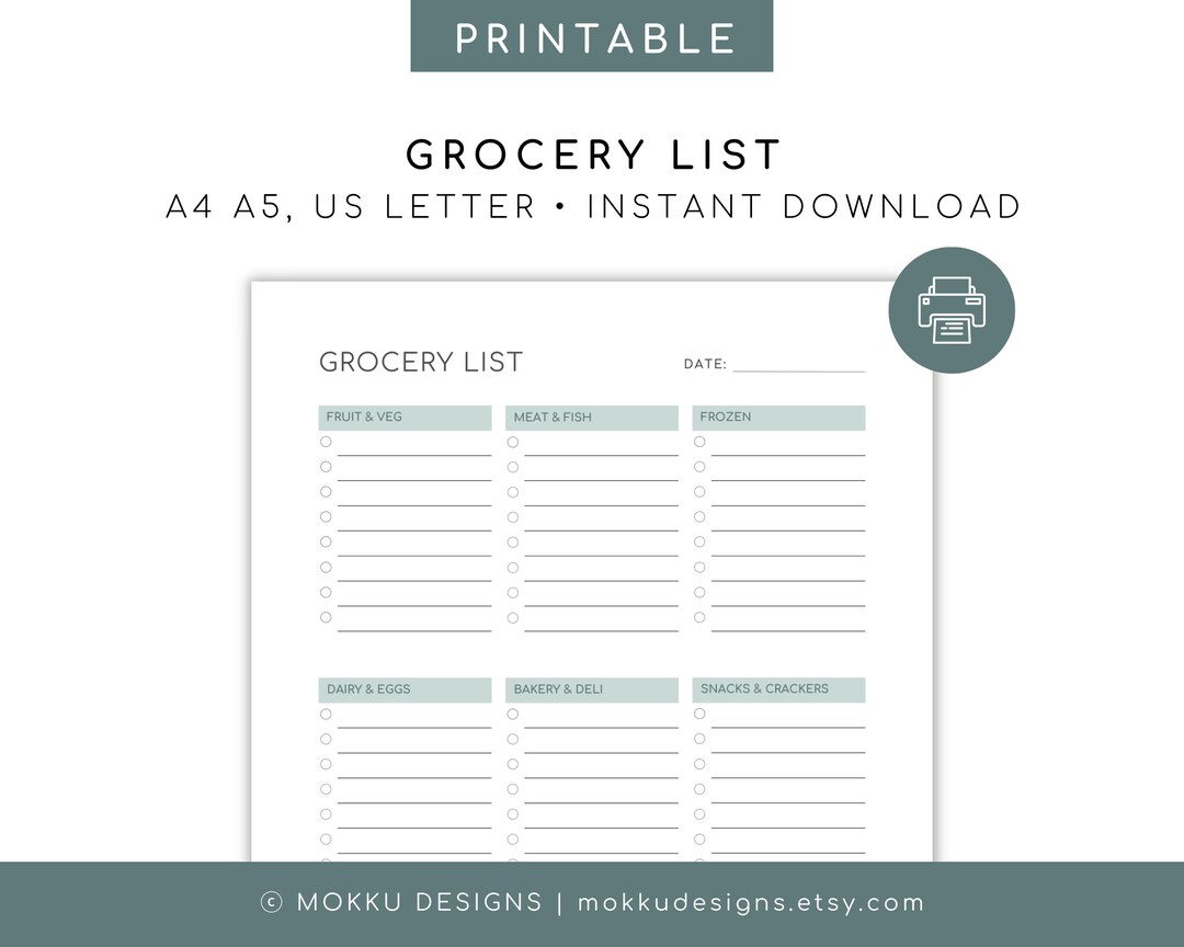 Grocery List Printable PDF | Supermarket Shopping Checklist Reminder ...
