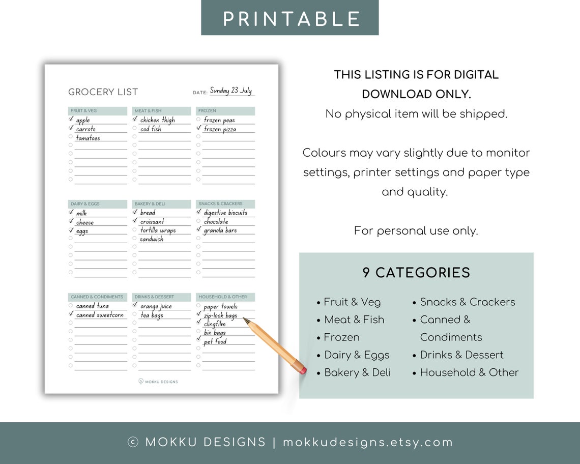 Grocery List Printable PDF | Supermarket Shopping Checklist Reminder ...