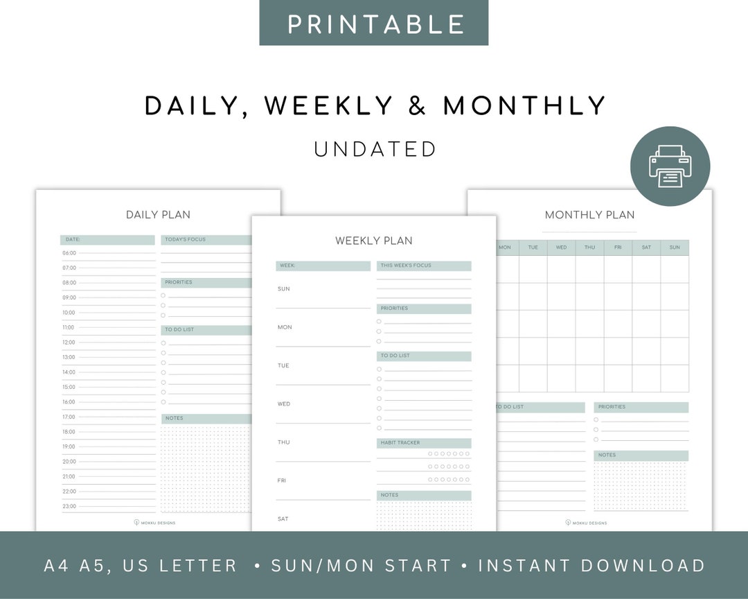 Undated Daily, Weekly & Monthly Printable Planner 3-set PDF Print | Sun ...