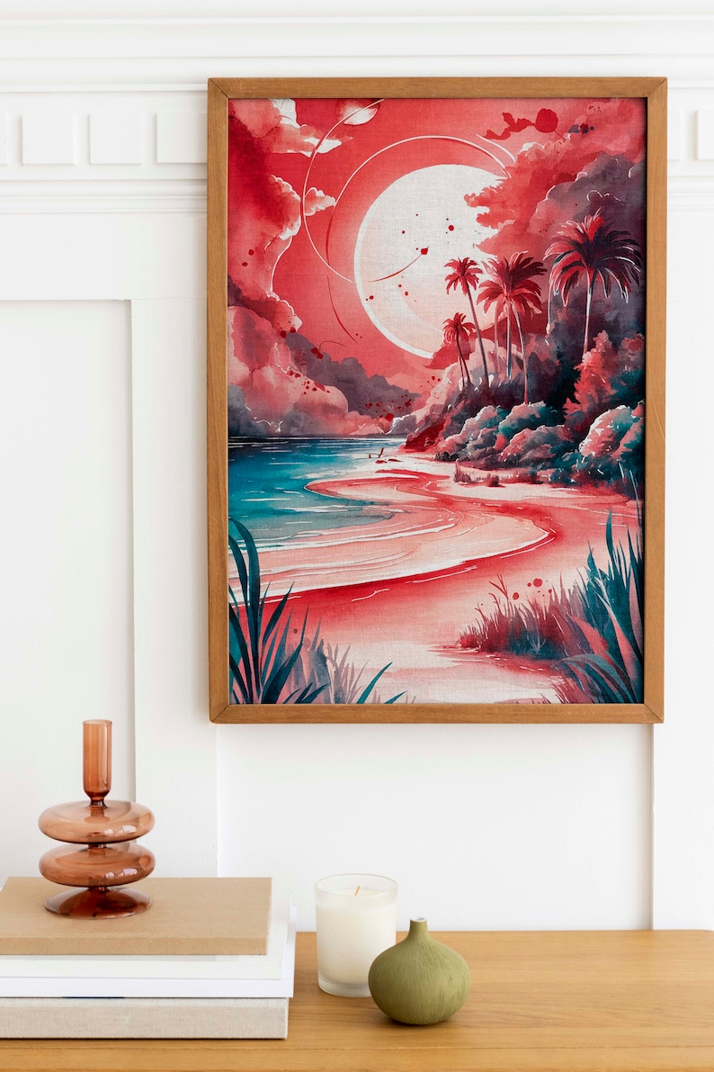 Red Sunset Beach Scene Poster. Set of 1 JPG Image, Mars Beach ...