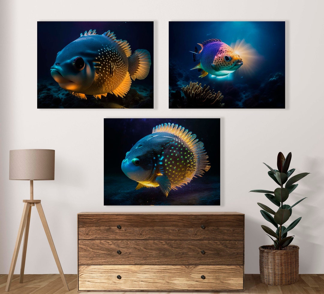 Pufferfish in Deep Water Poster, Set of 3 Printable Art, Blowfish ...
