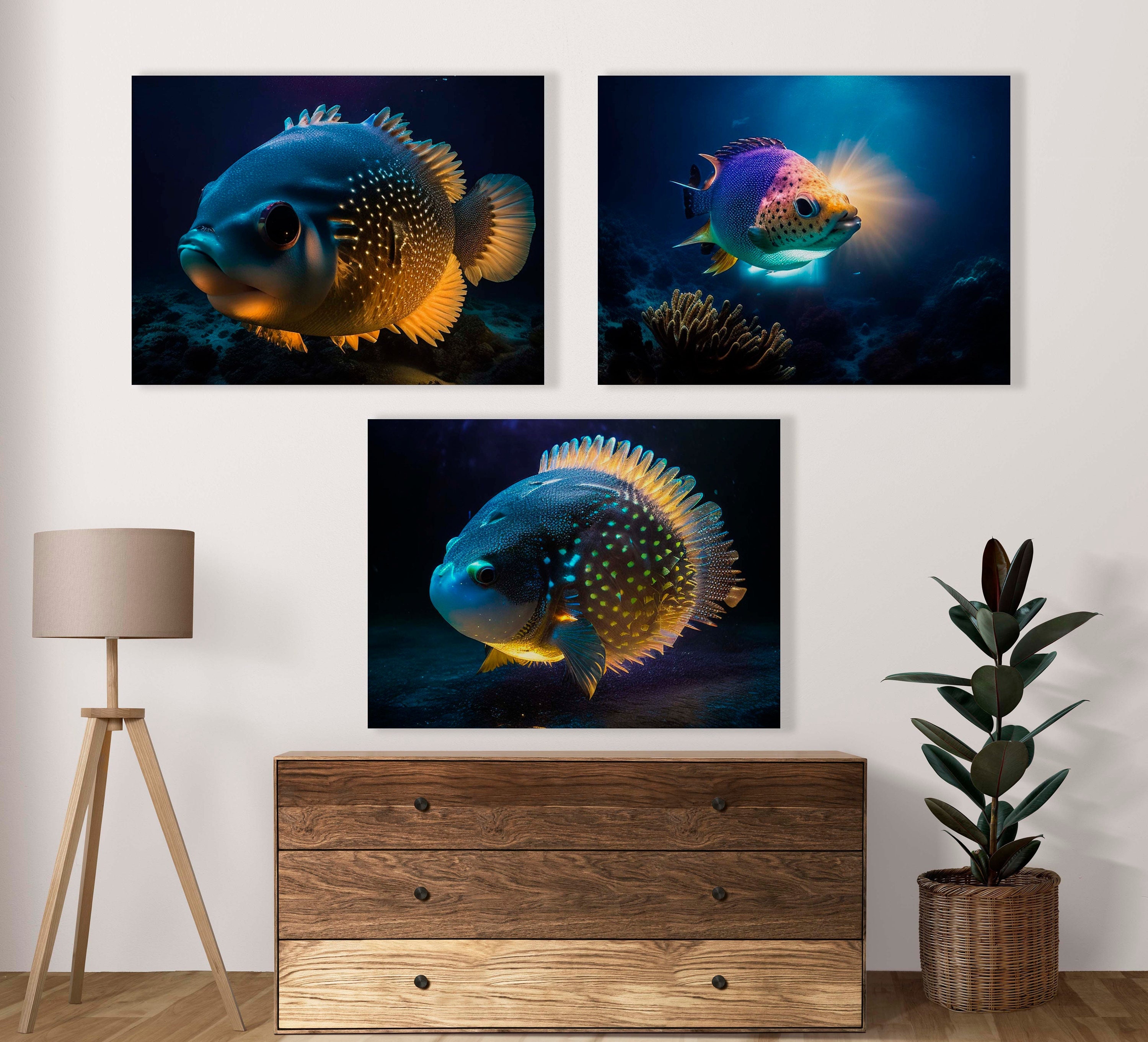 Pufferfish in Deep Water Poster, Set of 3 Printable Art, Blowfish ...