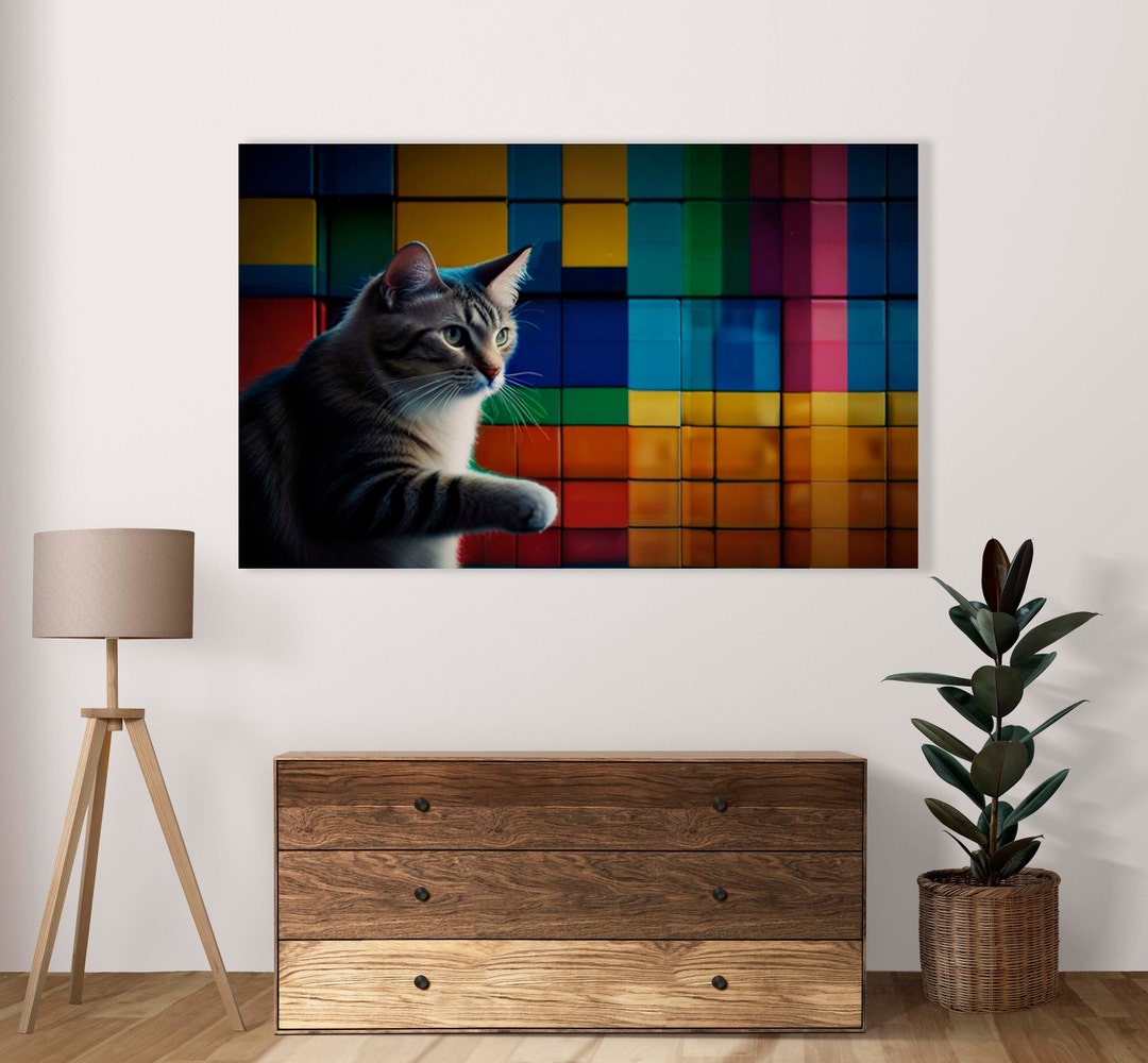 Friendly Cat in Cubes Background Poster. Set of 1 Printable Image, Home ...